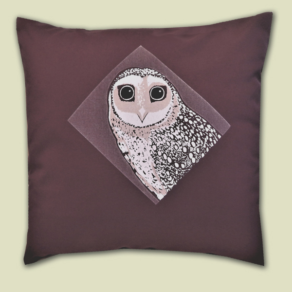 Sooty Owl, maroon – single cushion cover – Alison Green Designs